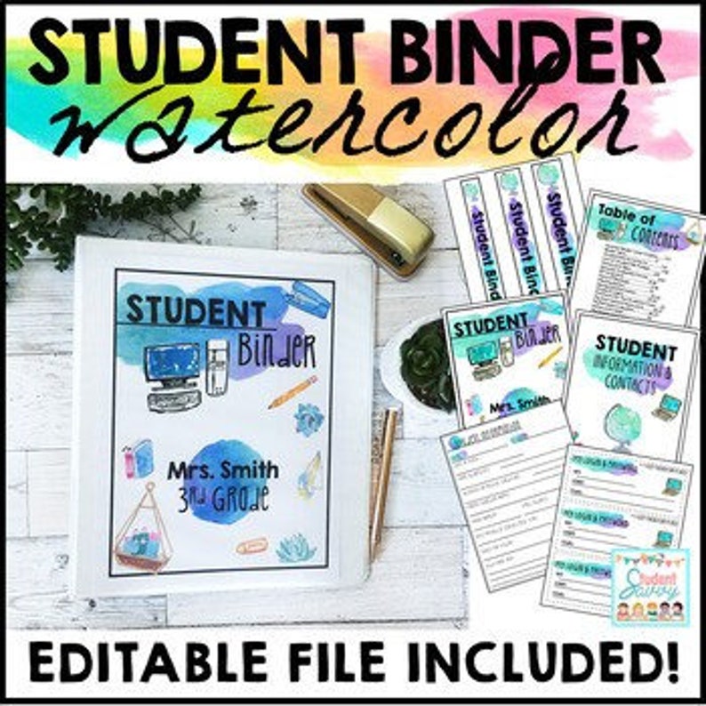 Student Binder Editable Watercolor - Etsy