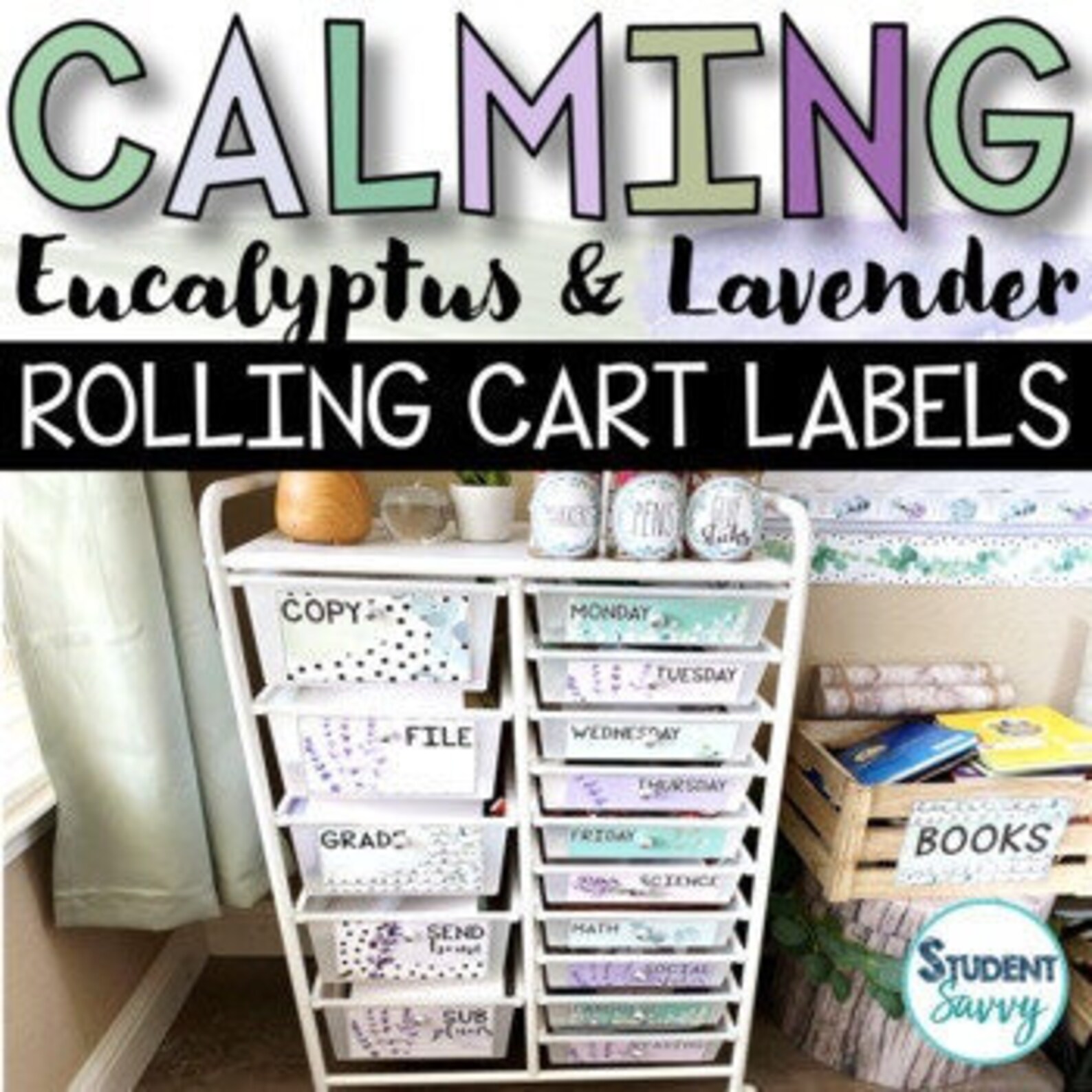Eucalyptus Rolling Cart Classroom Labels - Editable Calming Classroom ...