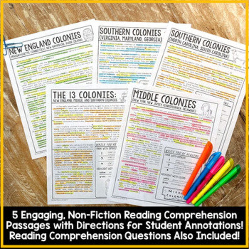 The 13 Colonies Reading Passages Comprehension Worksheets Thirteen ...