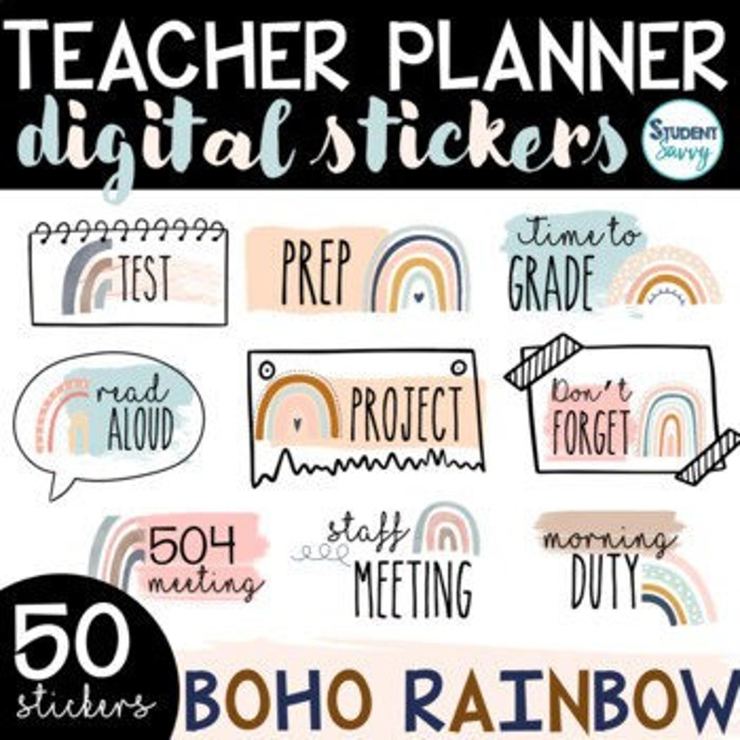 Boho Rainbow Planner Stickers Digital Teacher Planner Stickers Digital ...