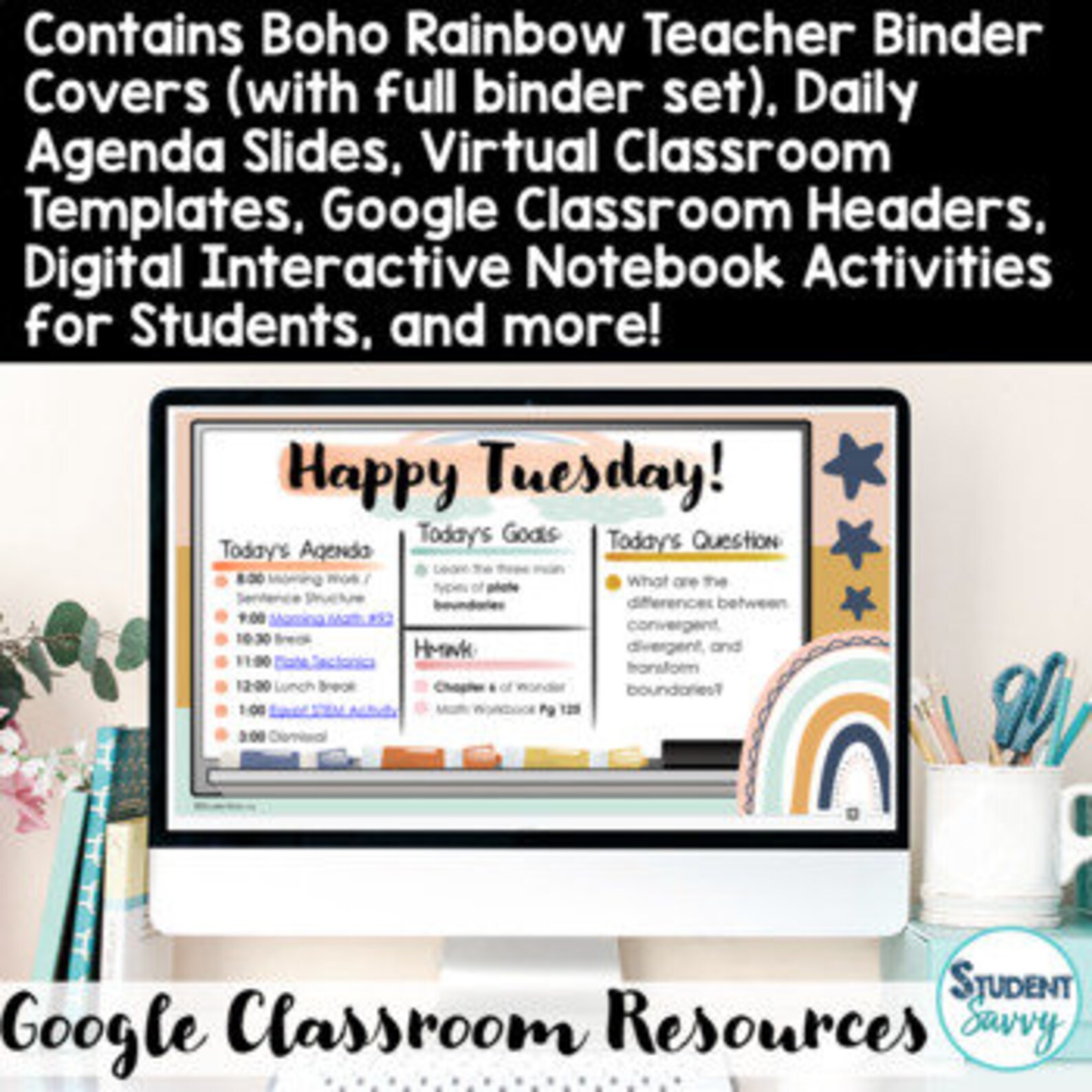 Boho Rainbow Classroom Digital Bundle | Google Classroom Headers Daily ...