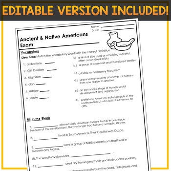 Ancient Americans Exam Native Americans Test Quiz Review Worksheet ...