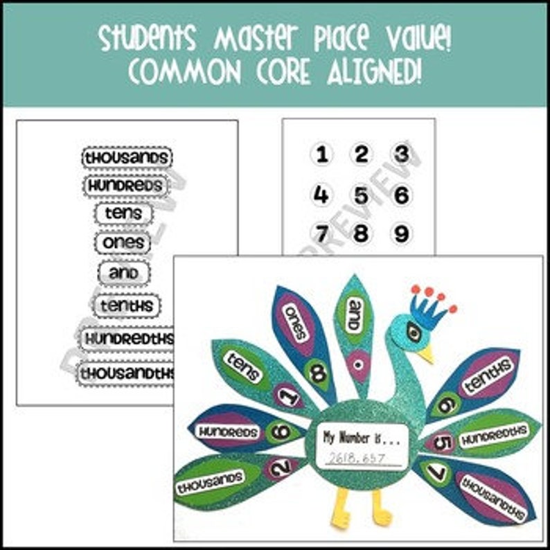 Place Value Craftivity | Place Value Poster Chart Printable Peacock - Etsy