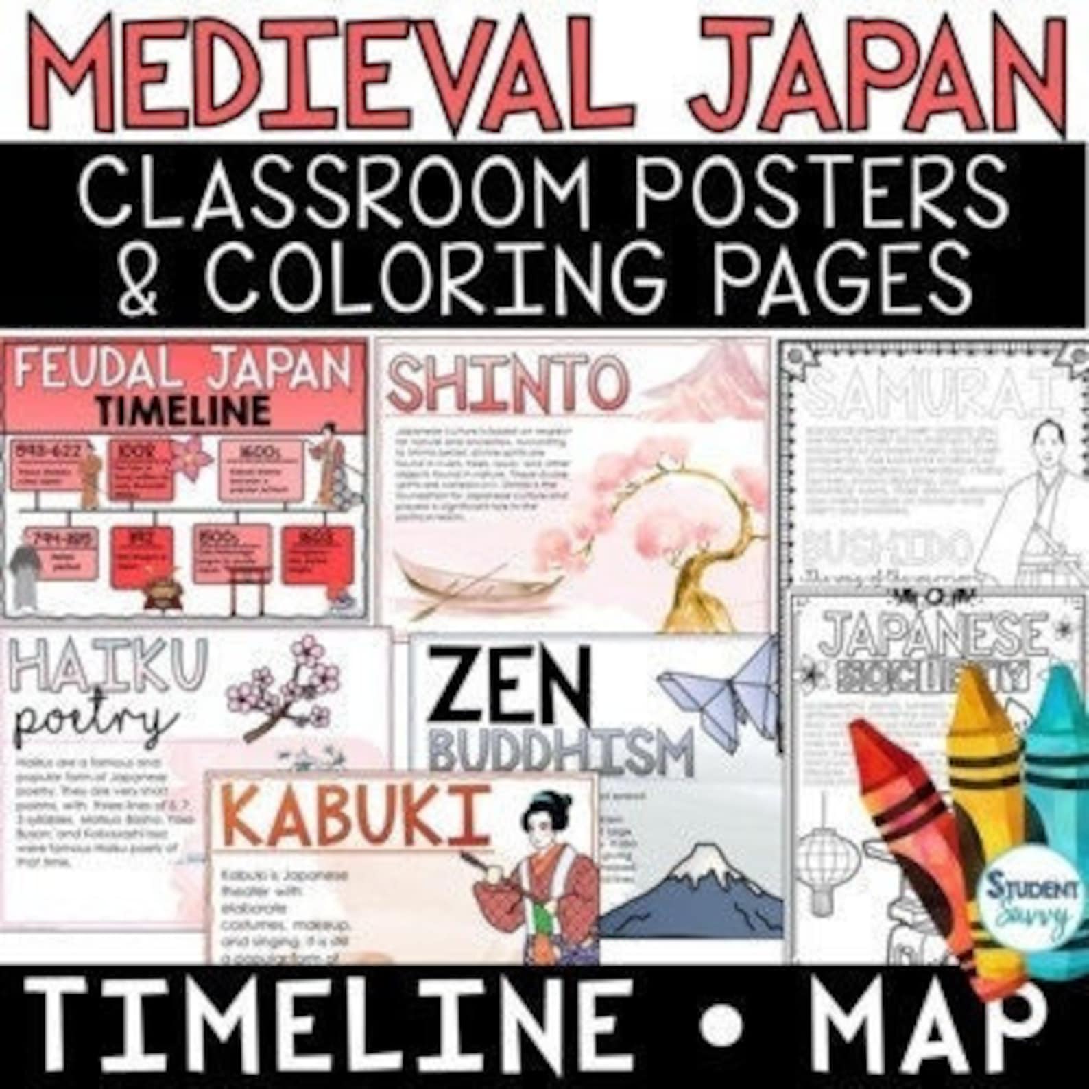 Medieval Japan Posters - Feudal Japan Timelines Maps and Coloring Pages ...