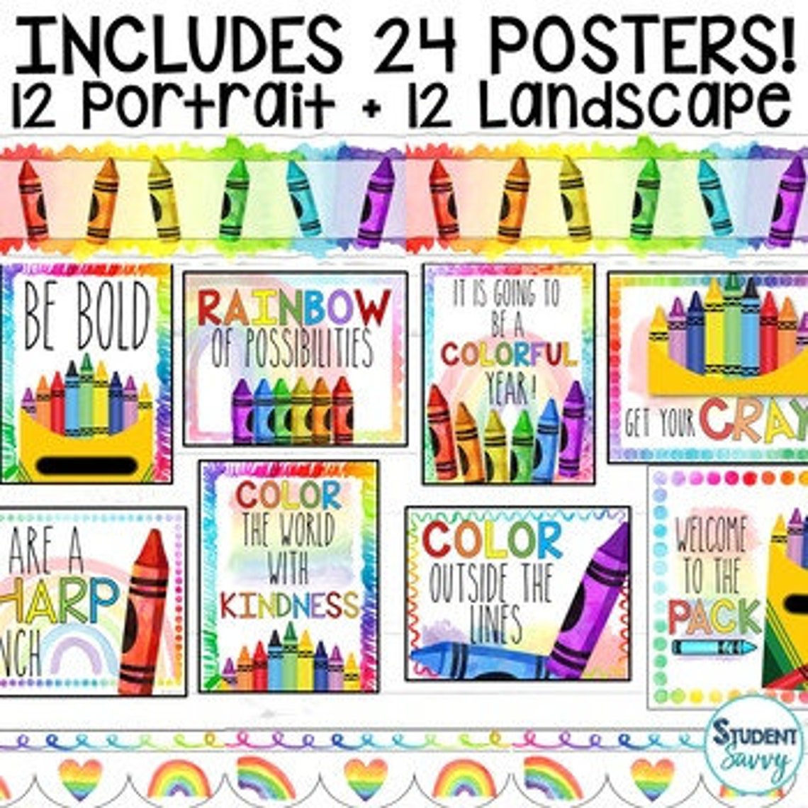 Back to School Bulletin Board and Posters - Crayons Rainbow Classroom ...