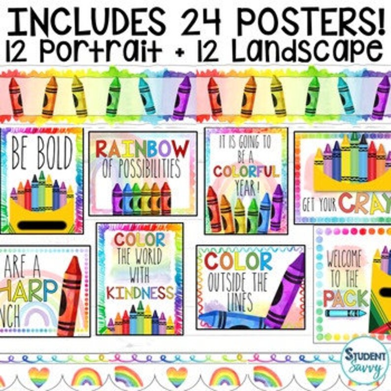 Back to School Bulletin Board and Posters - Crayons Rainbow Classroom ...
