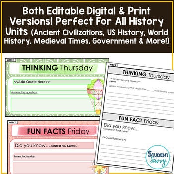 Bell Ringers Templates EDITABLE History Warm Ups Morning Work - Mapping ...