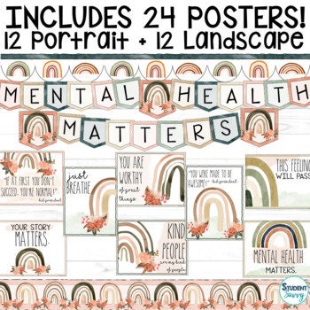 Mental Health Awareness Bulletin Board Boho Rainbow Posters Coloring ...