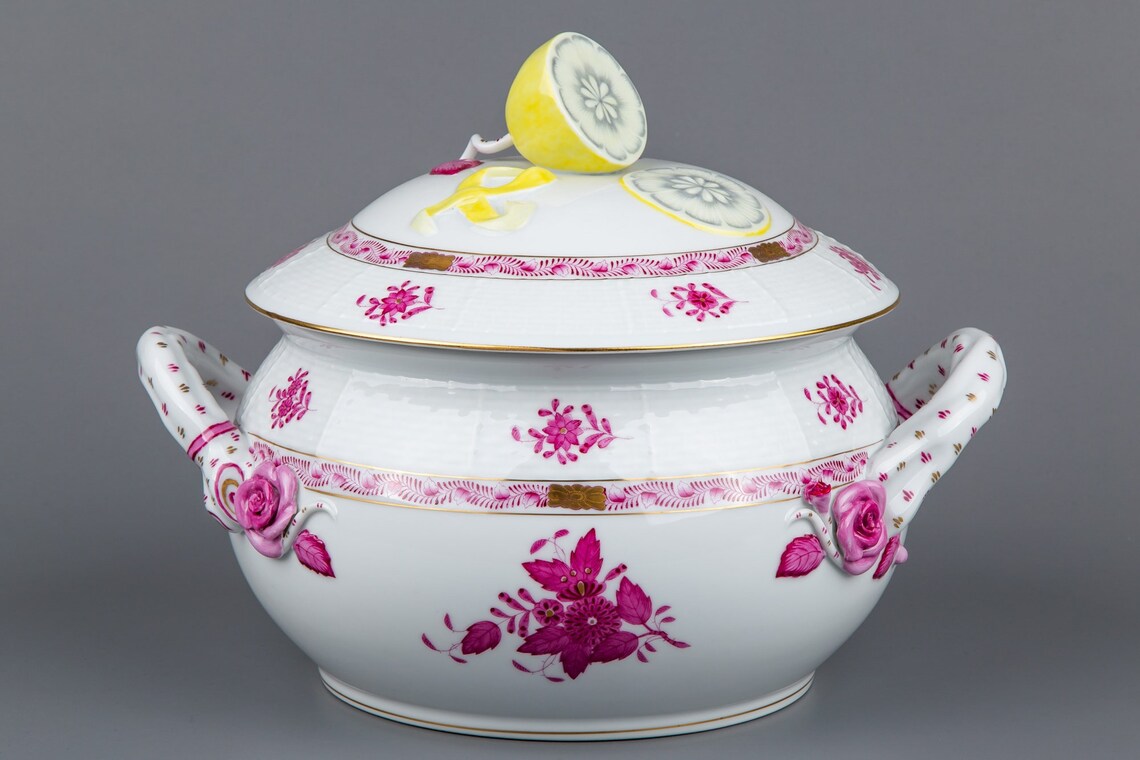 Herend Chinese Bouquet Raspberry Large Soup Tureen with Lemon | Etsy