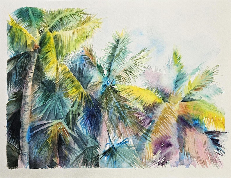 Original Palm Trees Watercolor Painting: Tropical Coastal Art (9x12) - Etsy