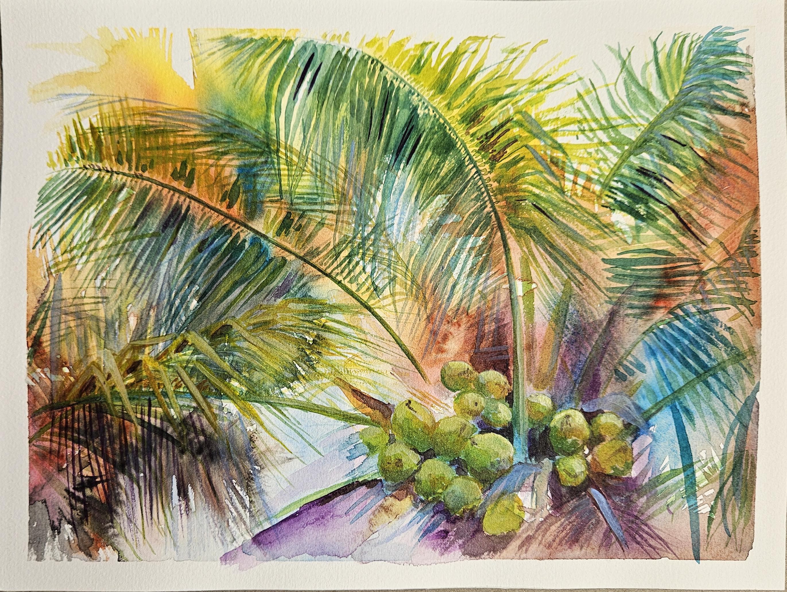 Original Watercolor Painting Coconut Tree Art Tropical Palm Tree ...