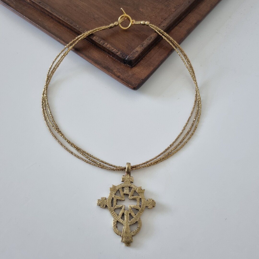 Three Strand Ethiopian Coptic Cross and Brass Beads Short Necklace - Etsy