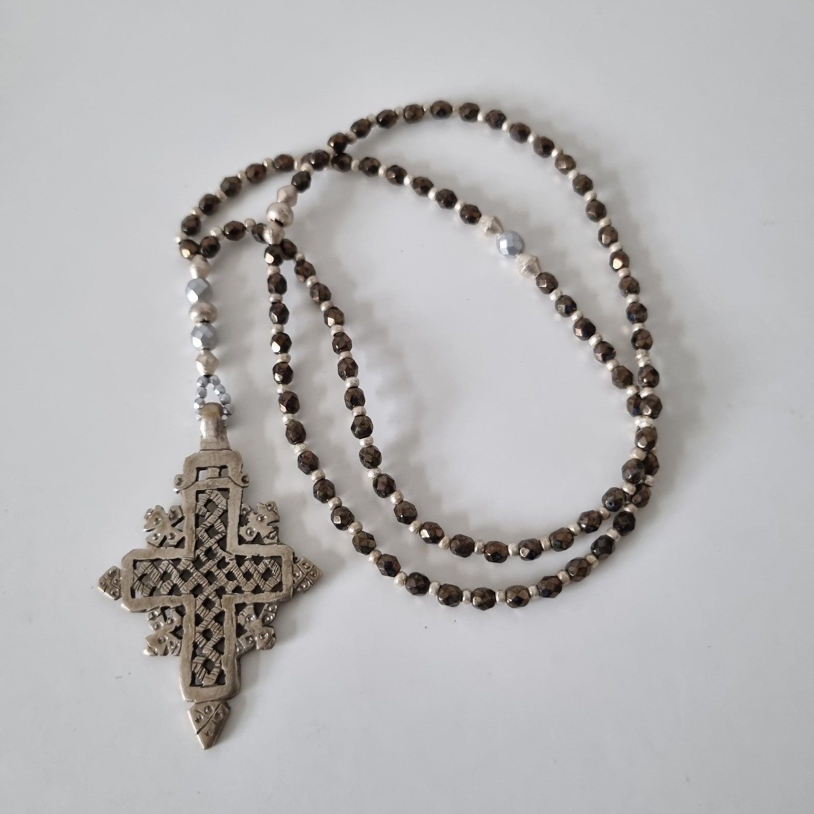 Ethiopian Rosary Style Cross Pendant Silver Necklace Ethiopian Cross ...