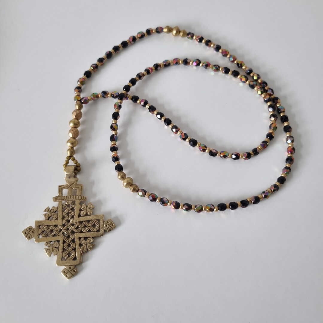 Ethiopian Rosary Style Cross Pendant Brass Necklace Ethiopian Cross ...
