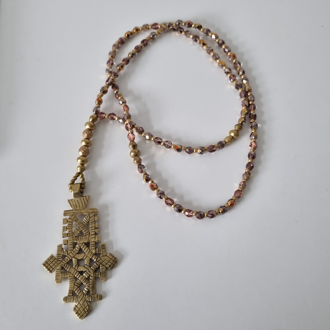 Ethiopian Rosary Style Cross Pendant Brass Necklace Ethiopian Cross ...