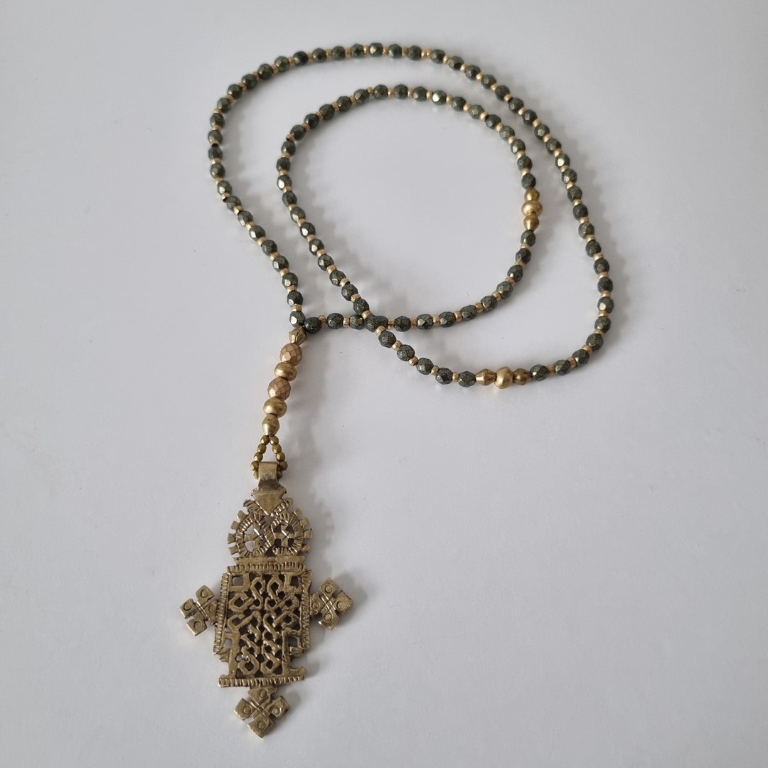 Ethiopian Rosary Style Cross Pendant Brass Necklace Ethiopian Cross ...