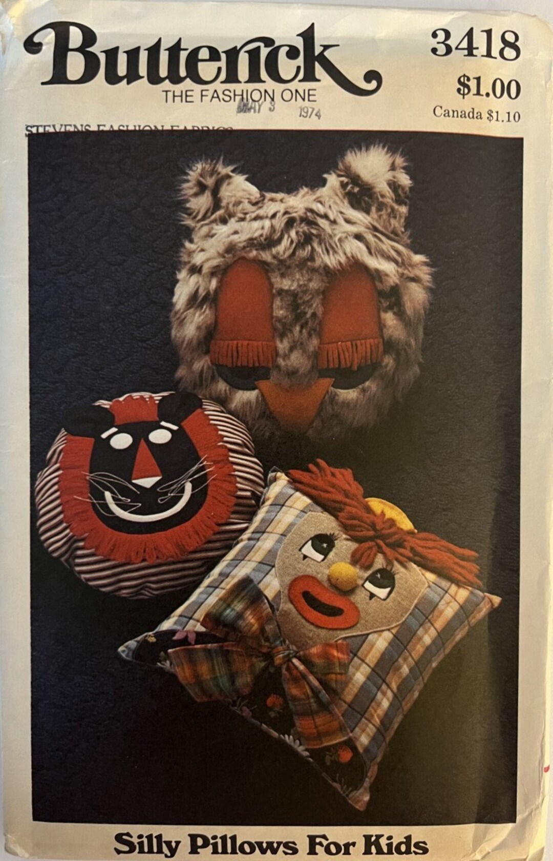 Rare VTG 3418 Butterick (1970's). Pillows. Silly Pillows for Kids ...