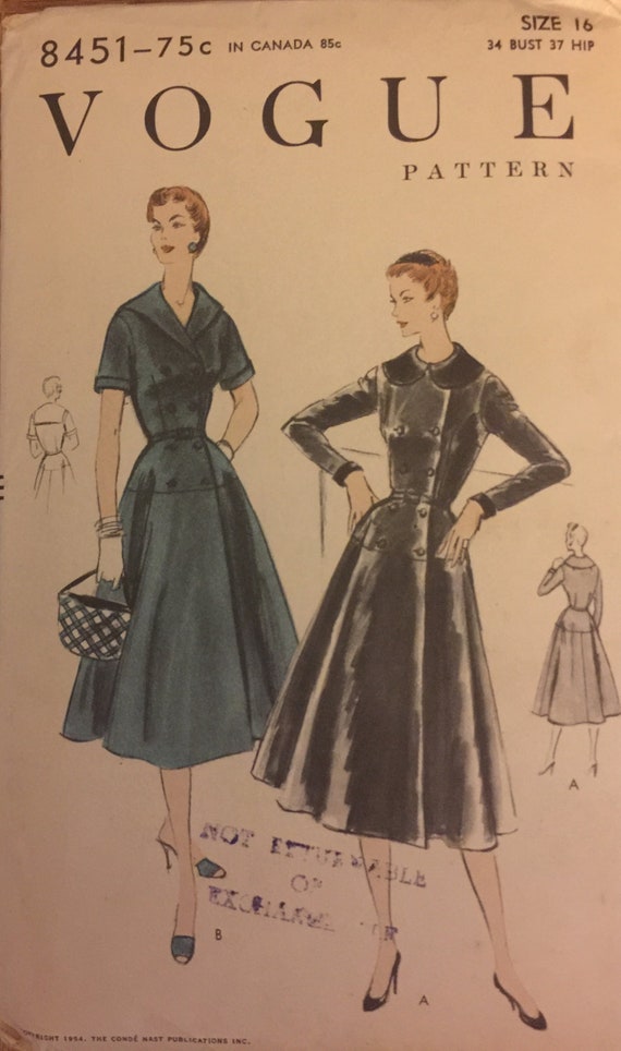 RARE VTG 8451 Vogue 1954. One piece dress. Size 16 Bust | Etsy