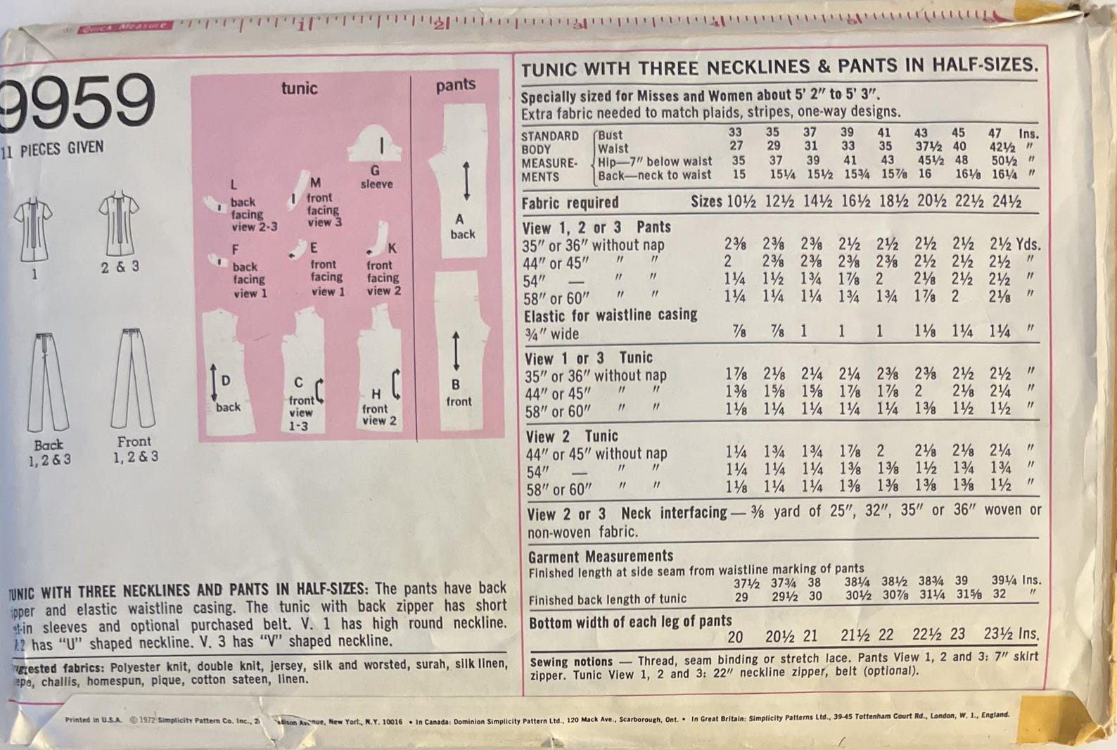 VTG 9959 Simplicity (1972). Tunic and Pants in Half-sizes. Size 24-1/2 ...
