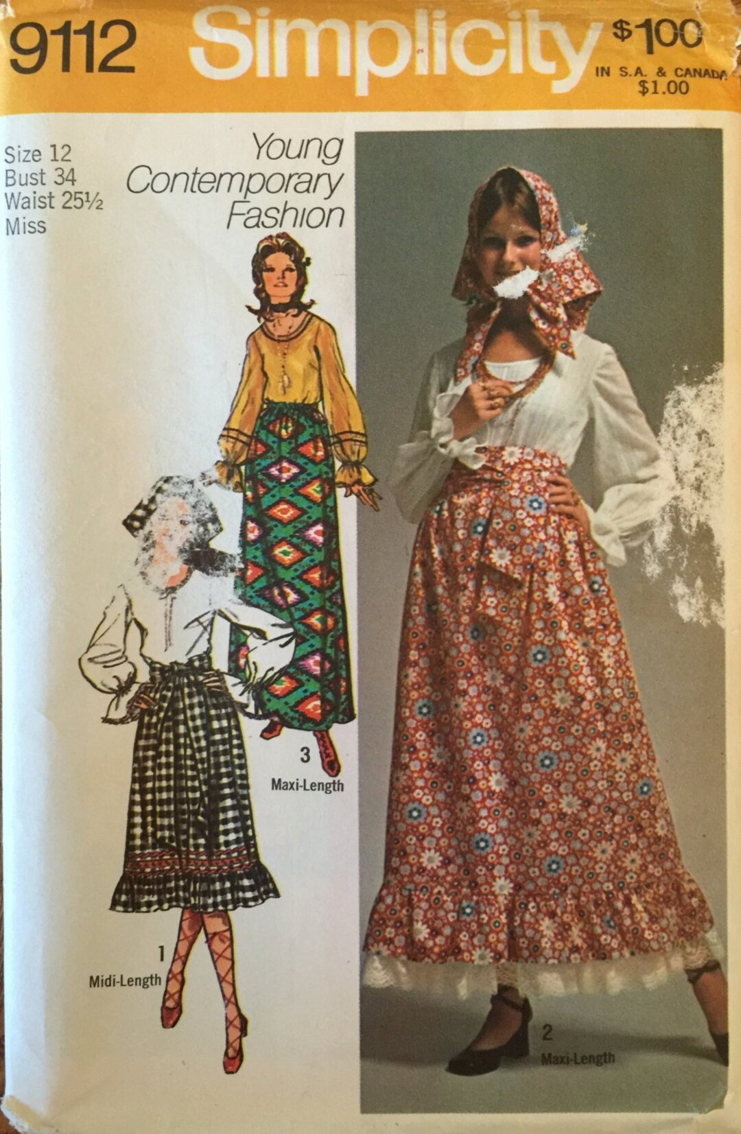 VTG 9112 Simplicity (1970). Misses' Skirt in 2 Lengths, Blouse, Scarf ...