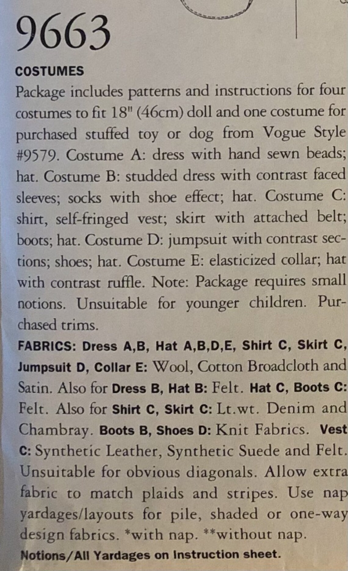 VTG 9663 Vogue (1997). Vogue Craft. Costumes for 18" Doll. Complete ...