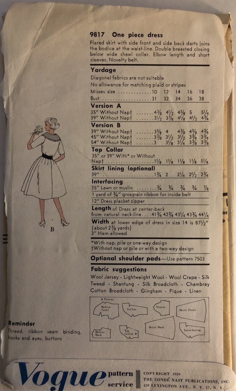 VTG 9817 Vogue 1959. One Piece Dress. Size 14 Bust - Etsy