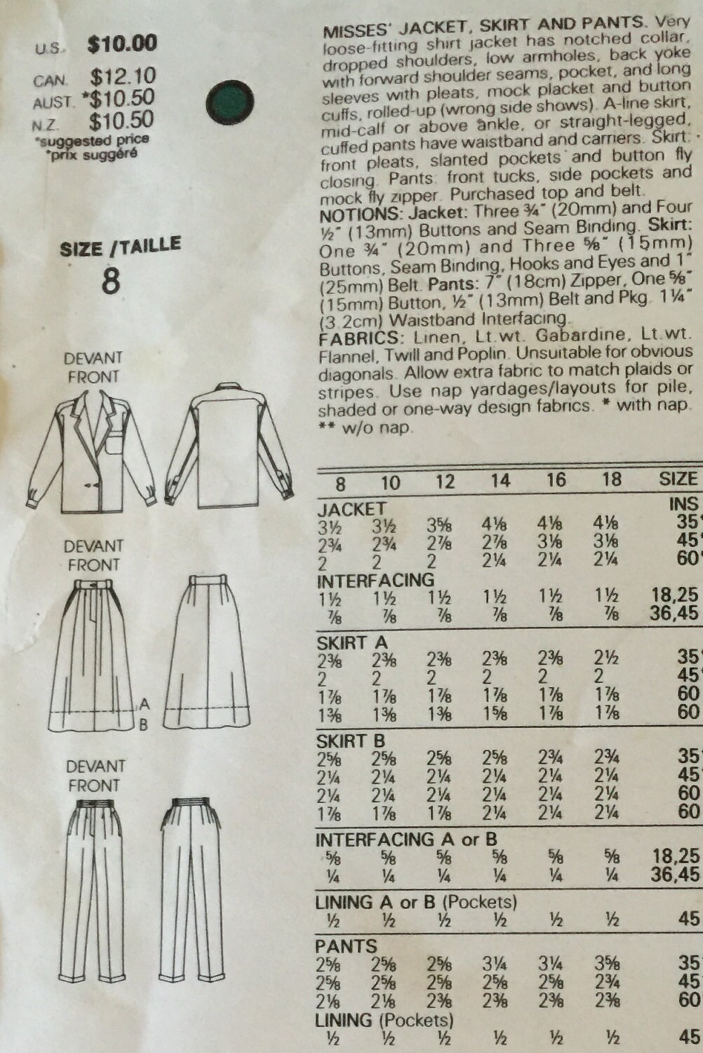 VTG 1542 Vogue (1985). Vogue American Designer by Anne Klein. Misses ...
