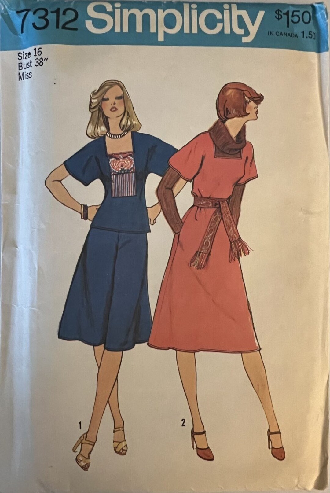 VTG 7312 Simplicity (1975). Misses' Dress or Top & Pantskirt. Size 16 ...