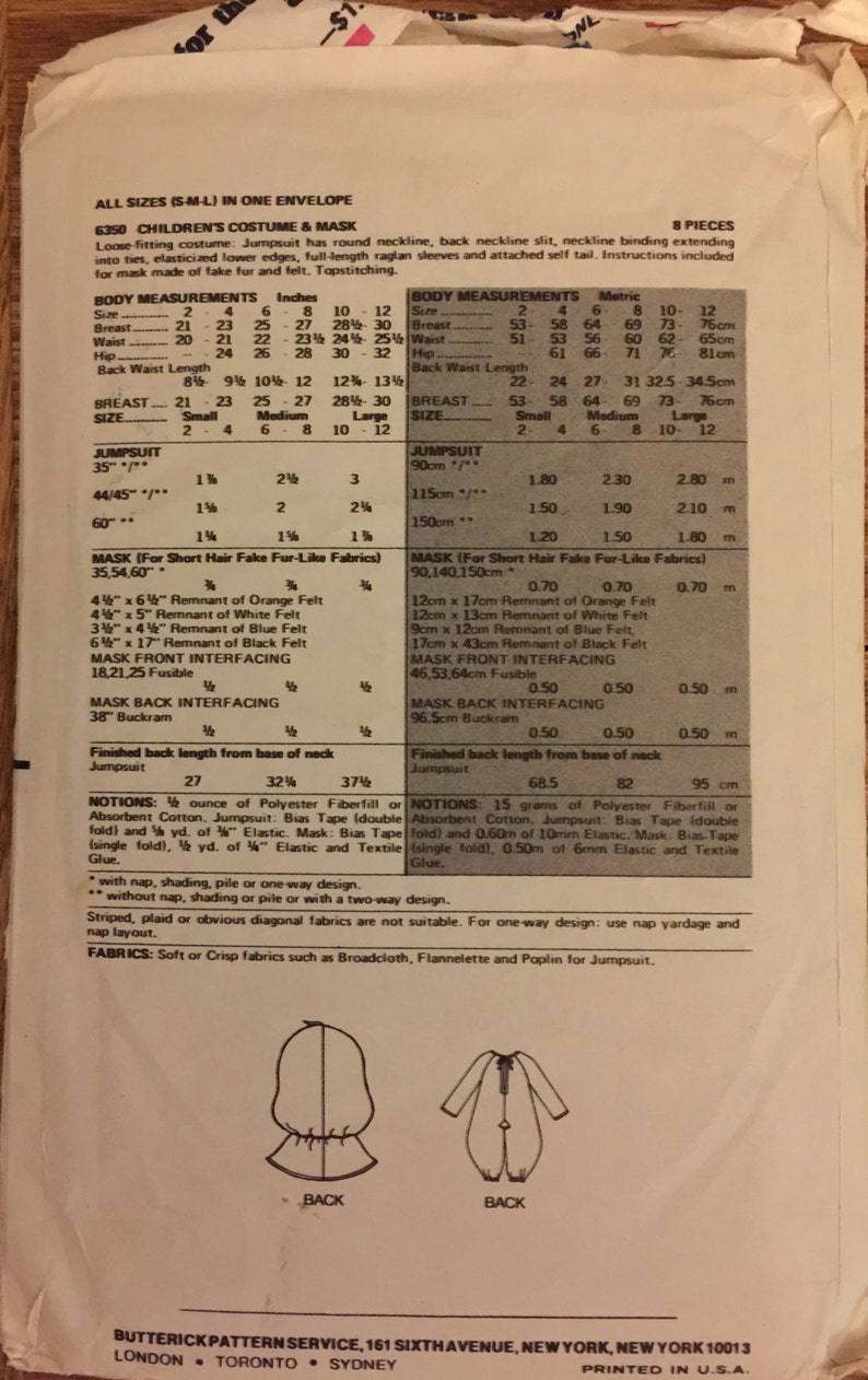 VTG 6350 Butterick (1974 & 1978) Tweety Bird Child's Costumer. Size S-M ...