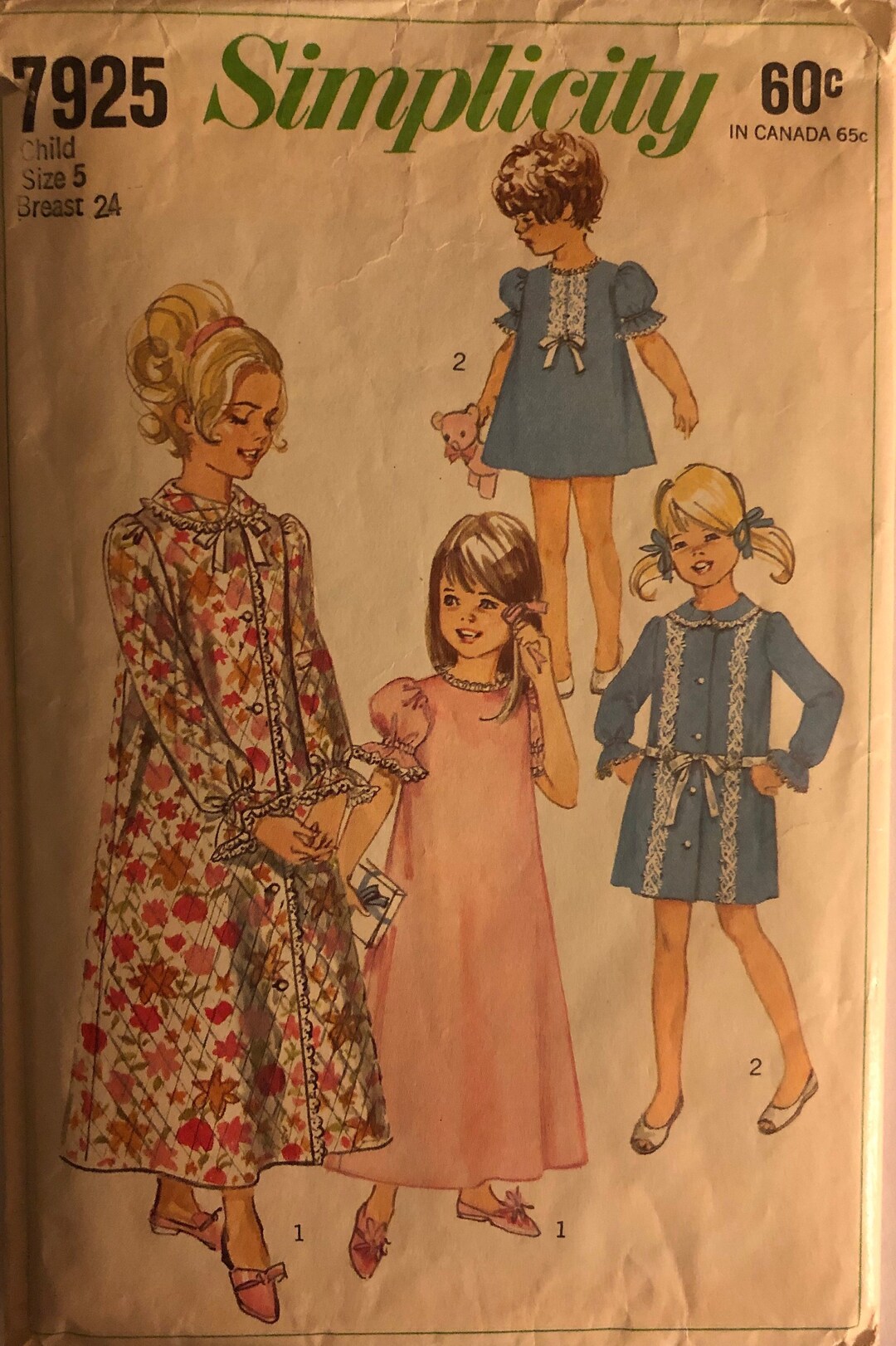 VTG 7925 Simplicity (1968). Girl's Nightgown & Robe in 2 Lengths. Size 5, Breast 24". Complete ...