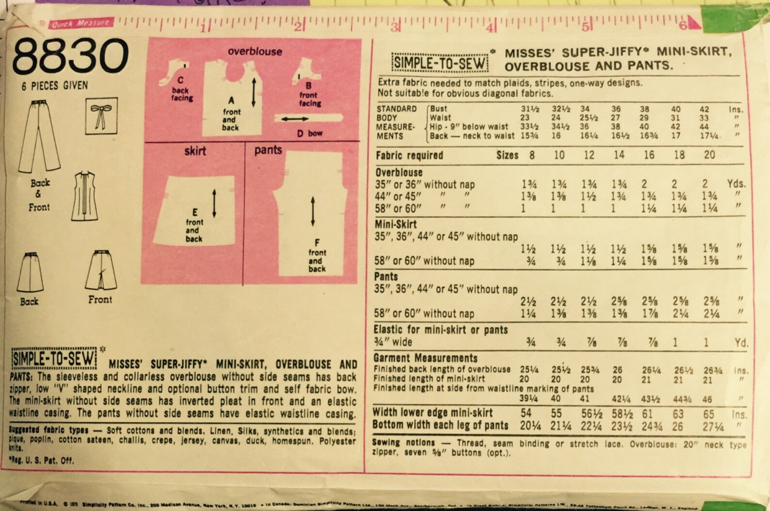VTG 8830 Simplicity (1970). Misses' Super Jiffy. Mini-skirt, Overblouse ...