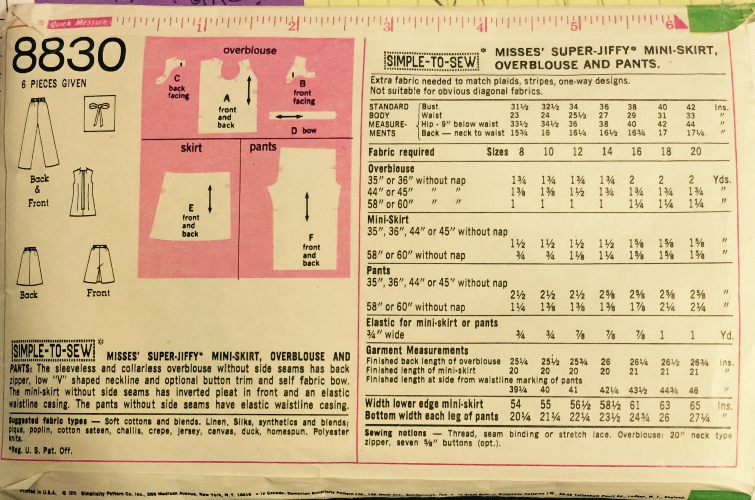 VTG 8830 Simplicity (1970). Misses' Super Jiffy. Mini-skirt, Overblouse ...