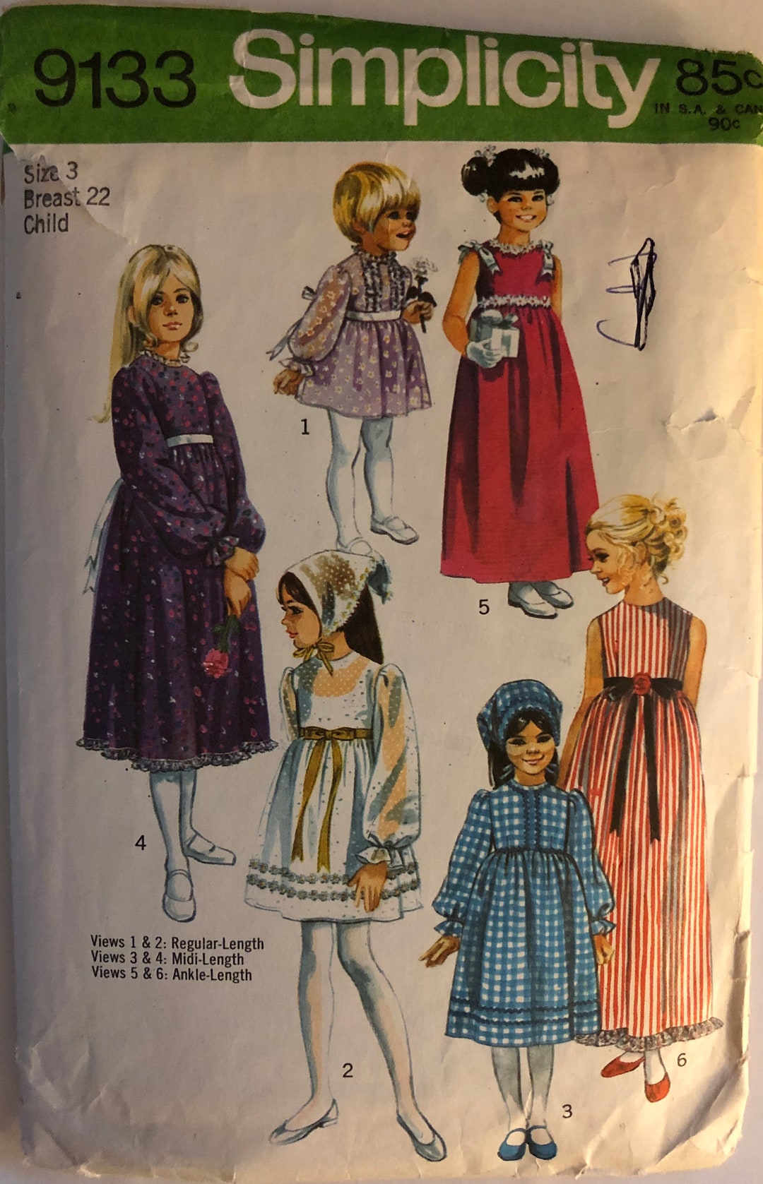 VTG 9133 Simplicity (1970). Girl's Dress in 3 Lengths & Scarf. Size 3 ...