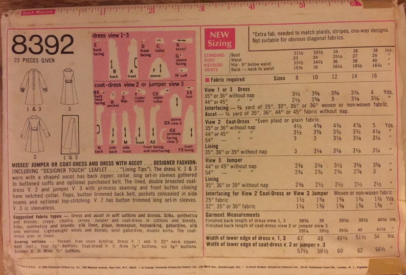 VTG 8392 Simplicity (1969). Designer Fashion. Jumper or Dress & Dress W ...