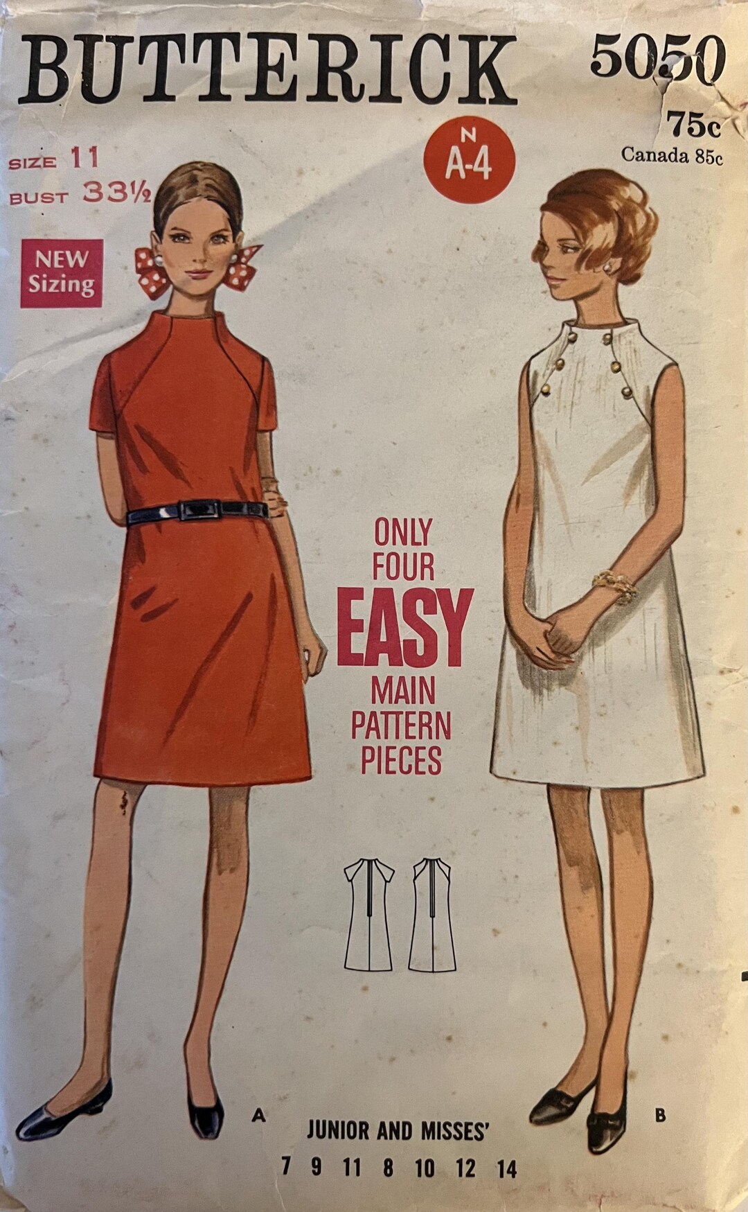 VTG 5050 Butterick (1968). Juniors' One-piece Dress. Size 11, Bust 33-1/2". Complete, Unused, FF ...