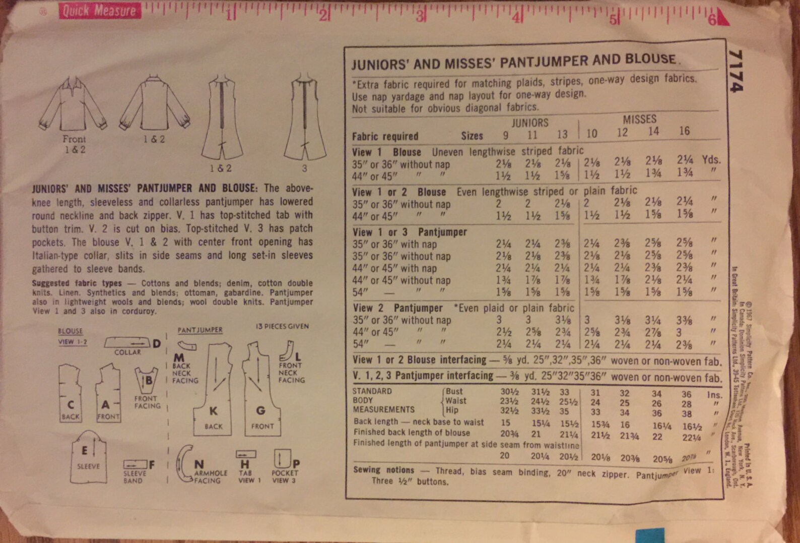 VTG 7174 Simplicity (1967). Misses' Pantsuit, Jumper & Blouse. Size 10 ...
