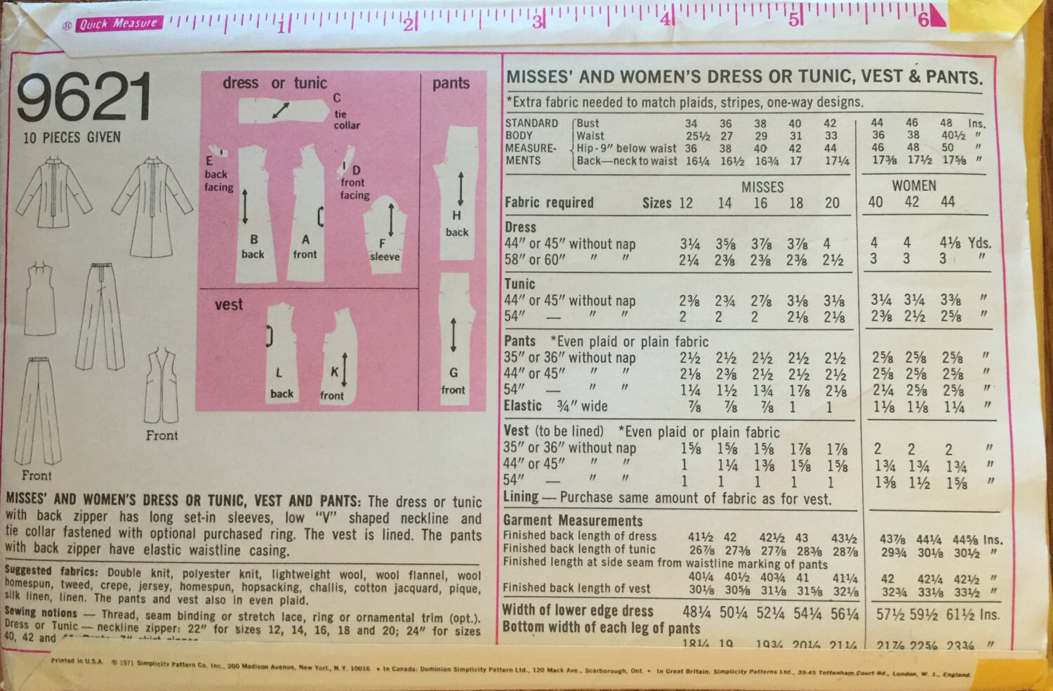VTG 9621 Simplicity 1971. Misses' dress or tunic vest | Etsy