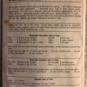 VTG 8364 Simplicity (1977). Tablecloths, Napkins, Reversible Placemats ...