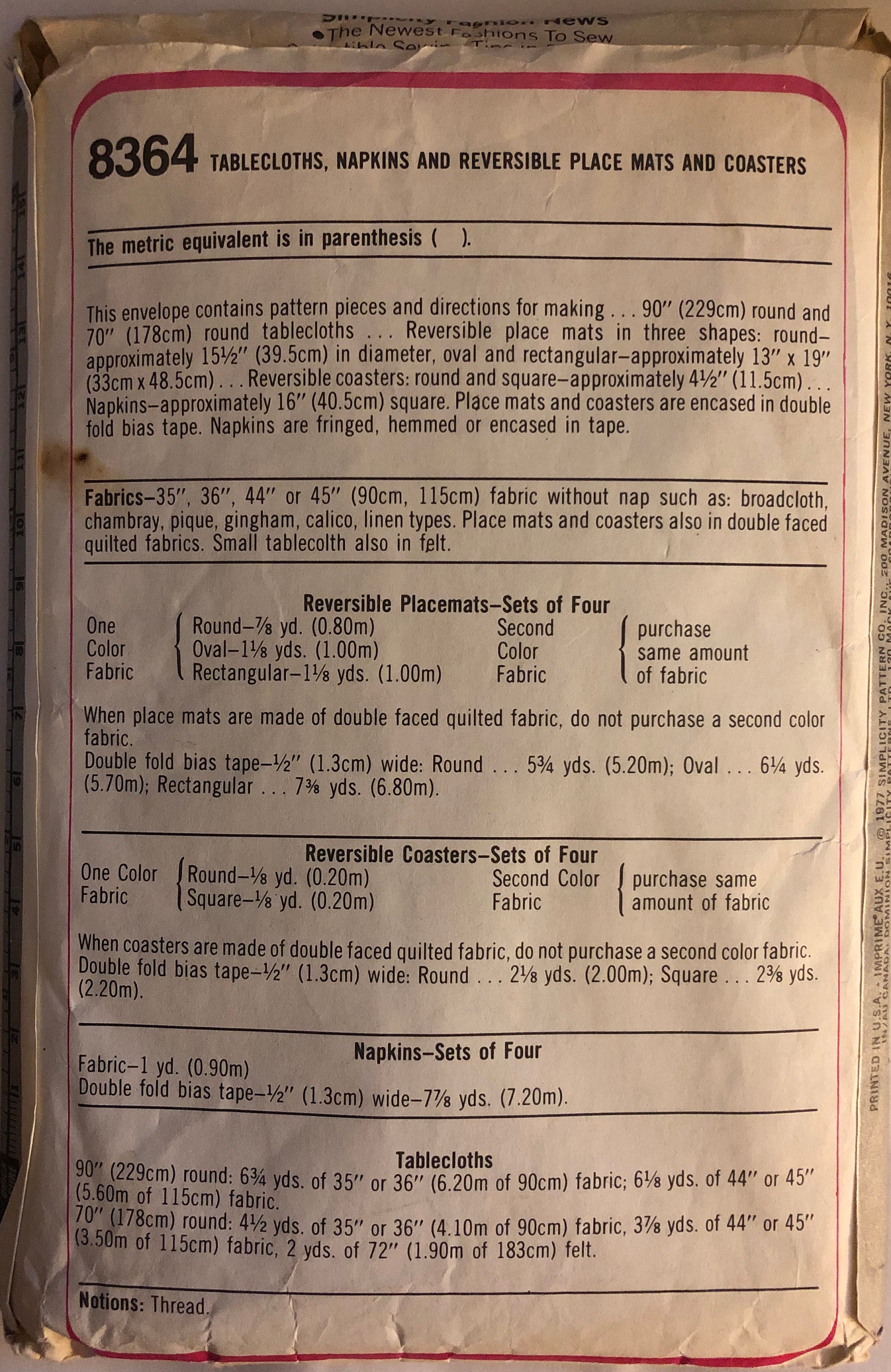 VTG 8364 Simplicity (1977). Tablecloths, Napkins, Reversible Placemats ...