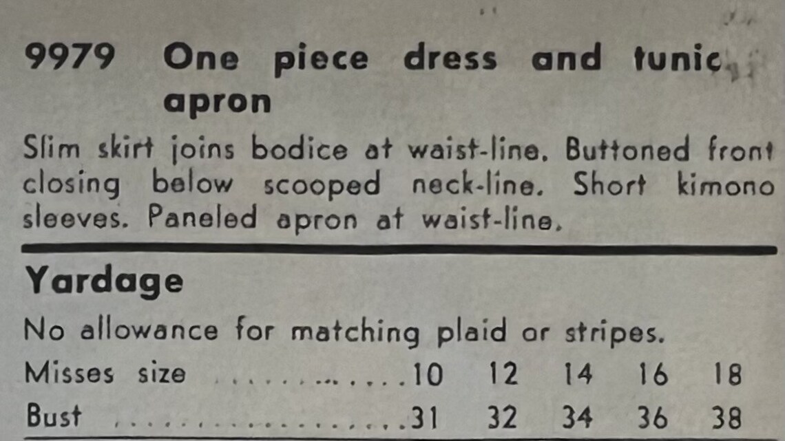 Rare VTG 9979 Vogue (1960). One Piece Dress and Tunic Apron. Size 14 ...