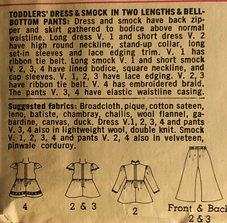 VTG 5993 Simplicity (1973). Toddler's Dress, Smock & Bell-bottom Pants ...