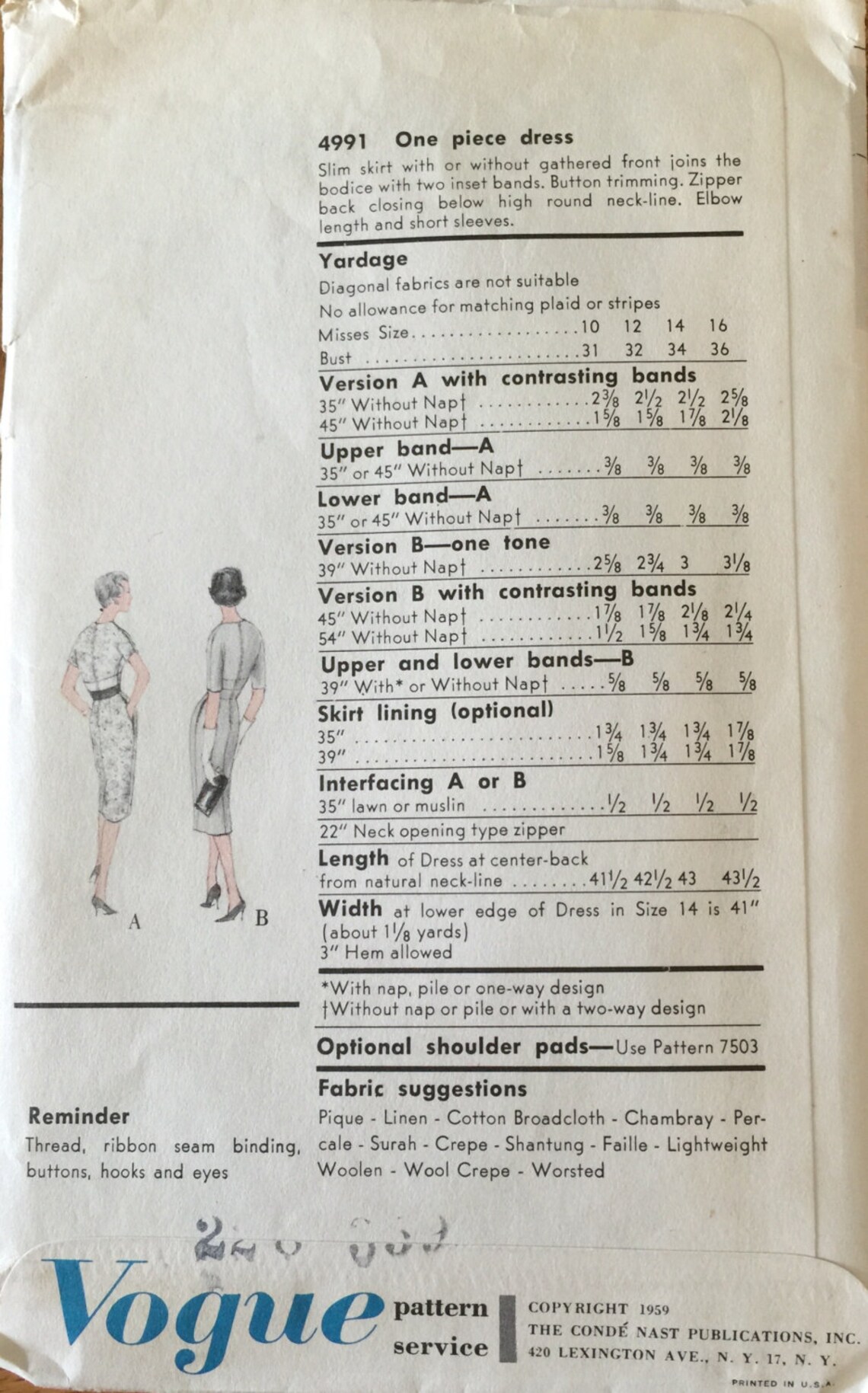 VTG 4991 Vogue 1959. Vogue Special Design. One Piece Dress. - Etsy