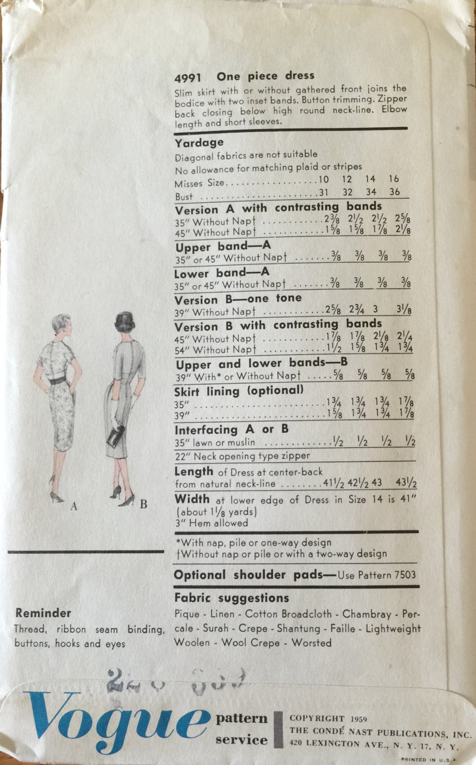 VTG 4991 Vogue 1959. Vogue Special Design. One Piece Dress. - Etsy