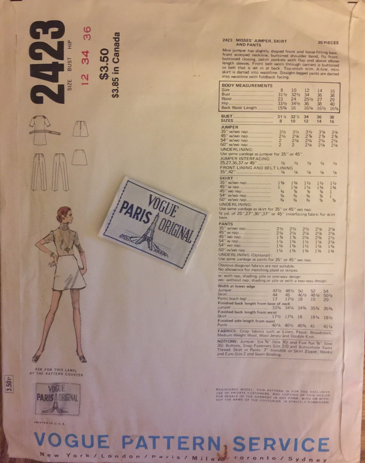 VTG 2423 Vogue 1970. Vogue Paris Original by Lanvin. Jumper - Etsy