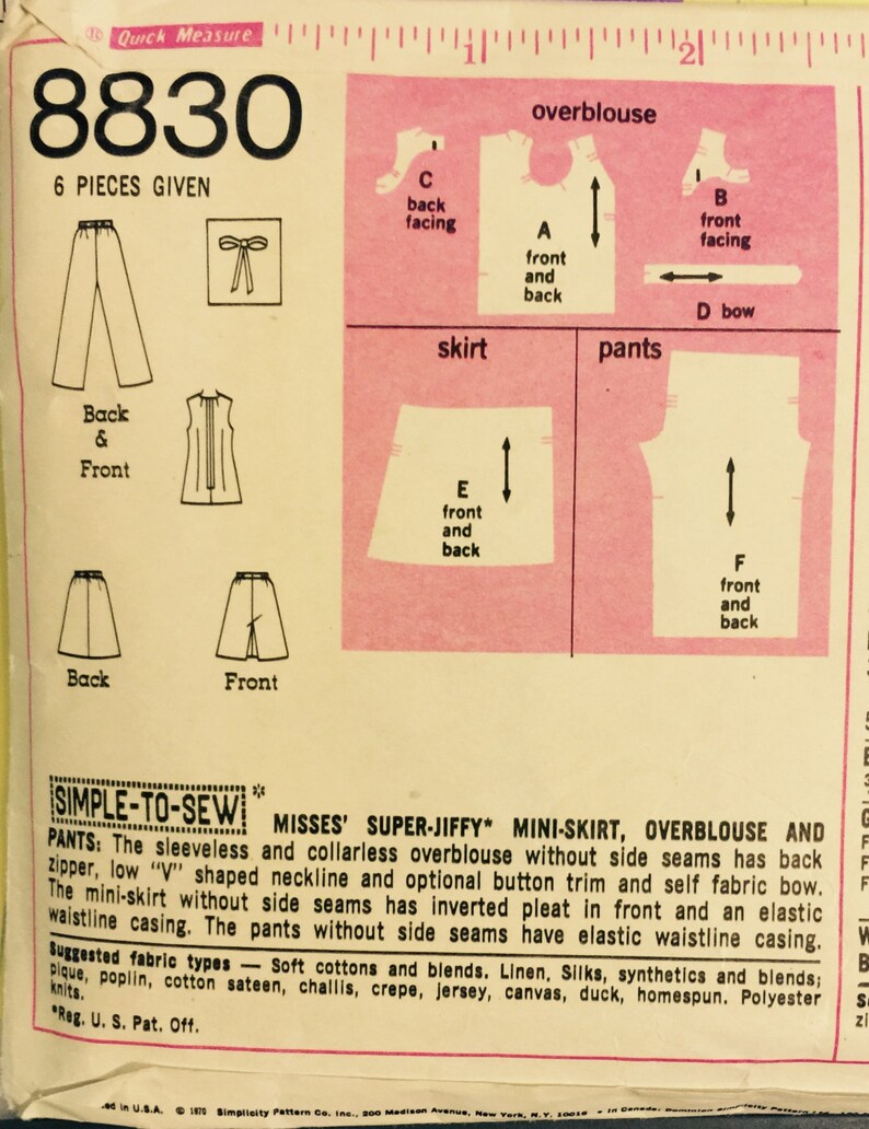 VTG 8830 Simplicity (1970). Misses' Super Jiffy. Mini-skirt, Overblouse ...