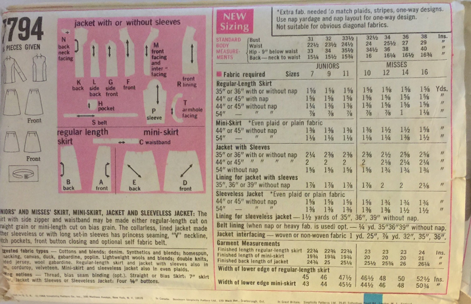 VTG 7794 Simplicity 1968. Skirt and Jacket. Size 11 Bust - Etsy