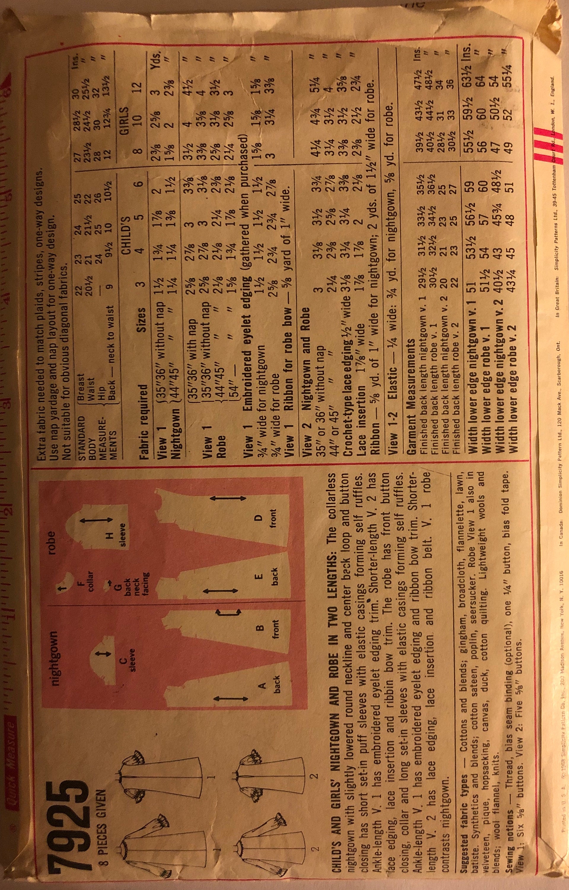 VTG 7925 Simplicity 1968. Girl's Nightgown & Robe in 2 | Etsy