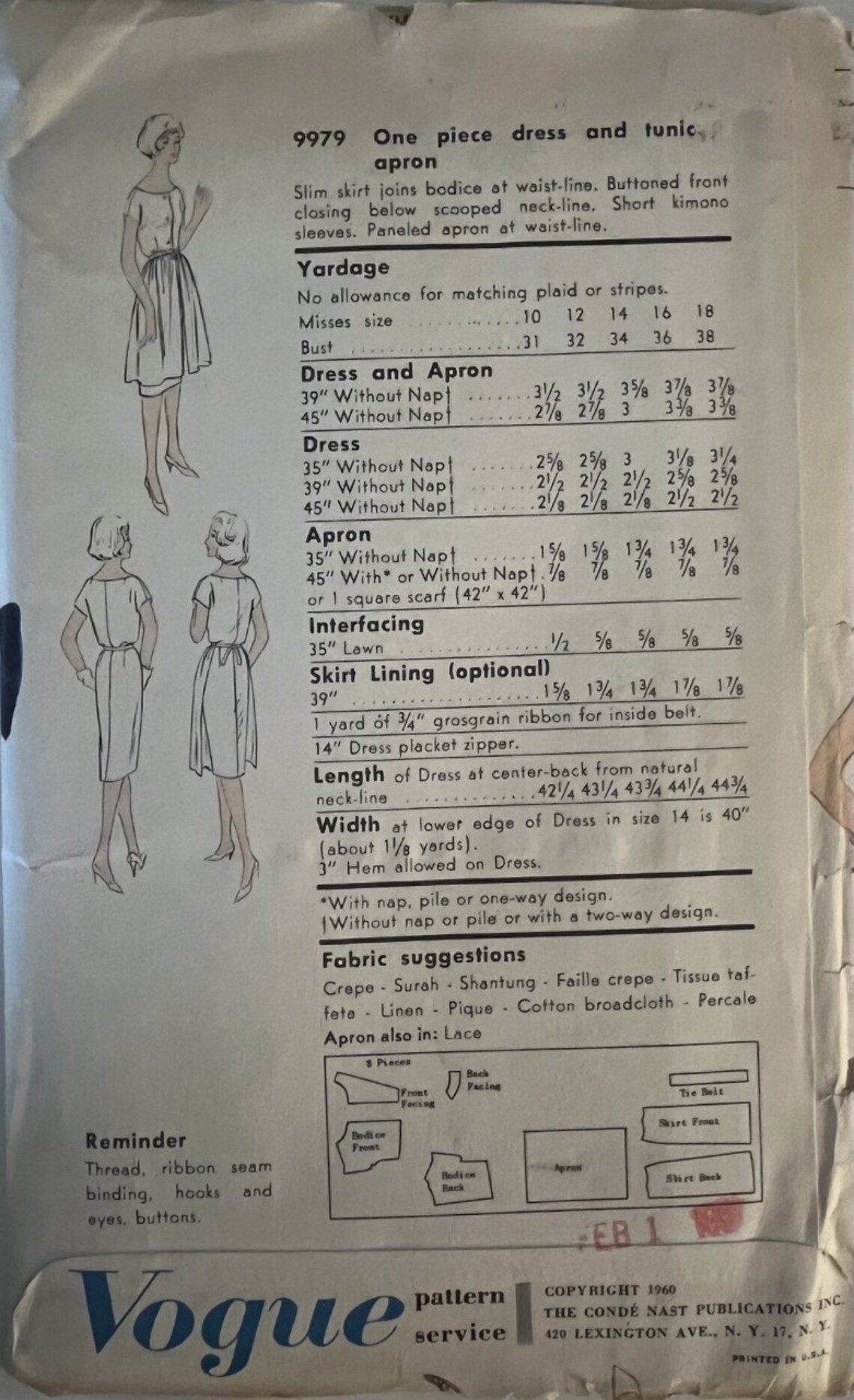 Rare VTG 9979 Vogue (1960). One Piece Dress and Tunic Apron. Size 14 ...