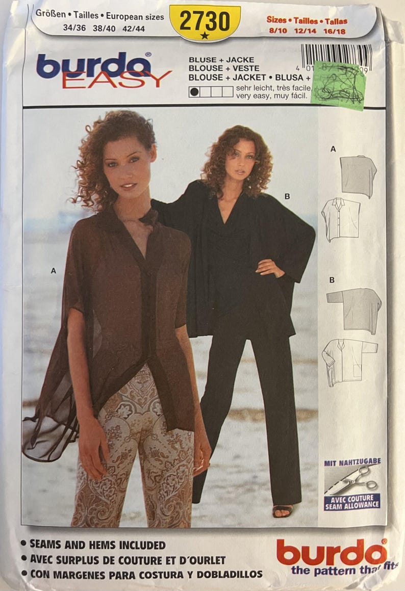 OOP 2730 Burda (early 2000's?). Easy Burda. Blouse & Jacket. Size 8 to ...