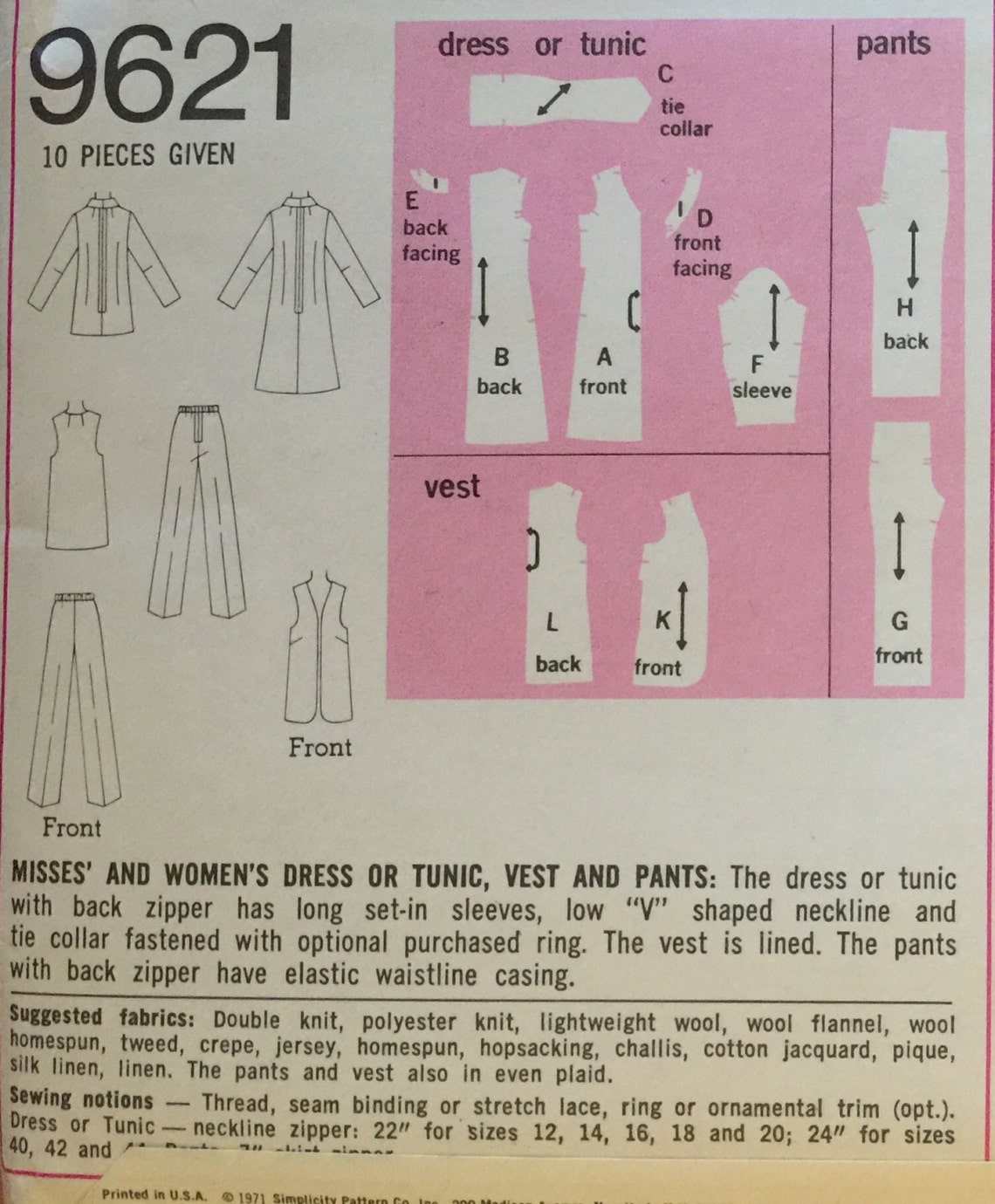 VTG 9621 Simplicity 1971. Misses' dress or tunic vest | Etsy